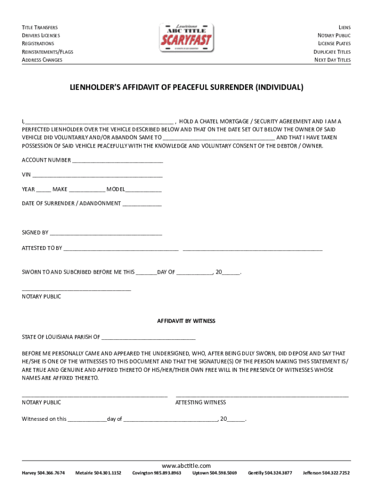 Fillable Online lienholder's affidavit of peaceful surrender ...