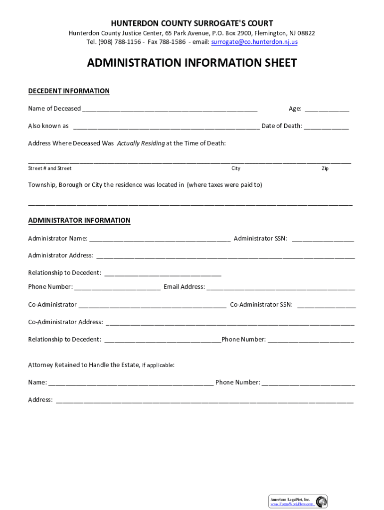 Fillable Online Administration Information Sheet - Hunterdon County Surrogate Court Fax Email ...