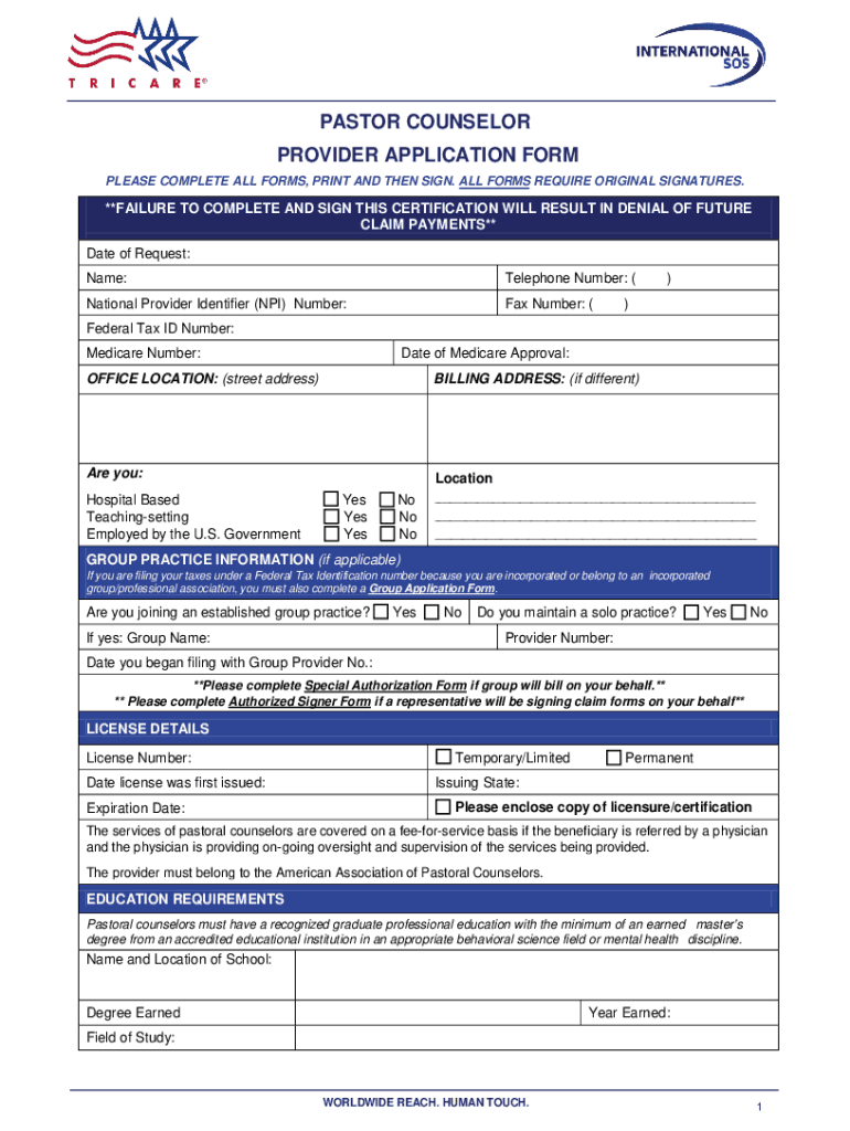 Fillable Online Pastor Counselor Provider Application Form Fax Email ...