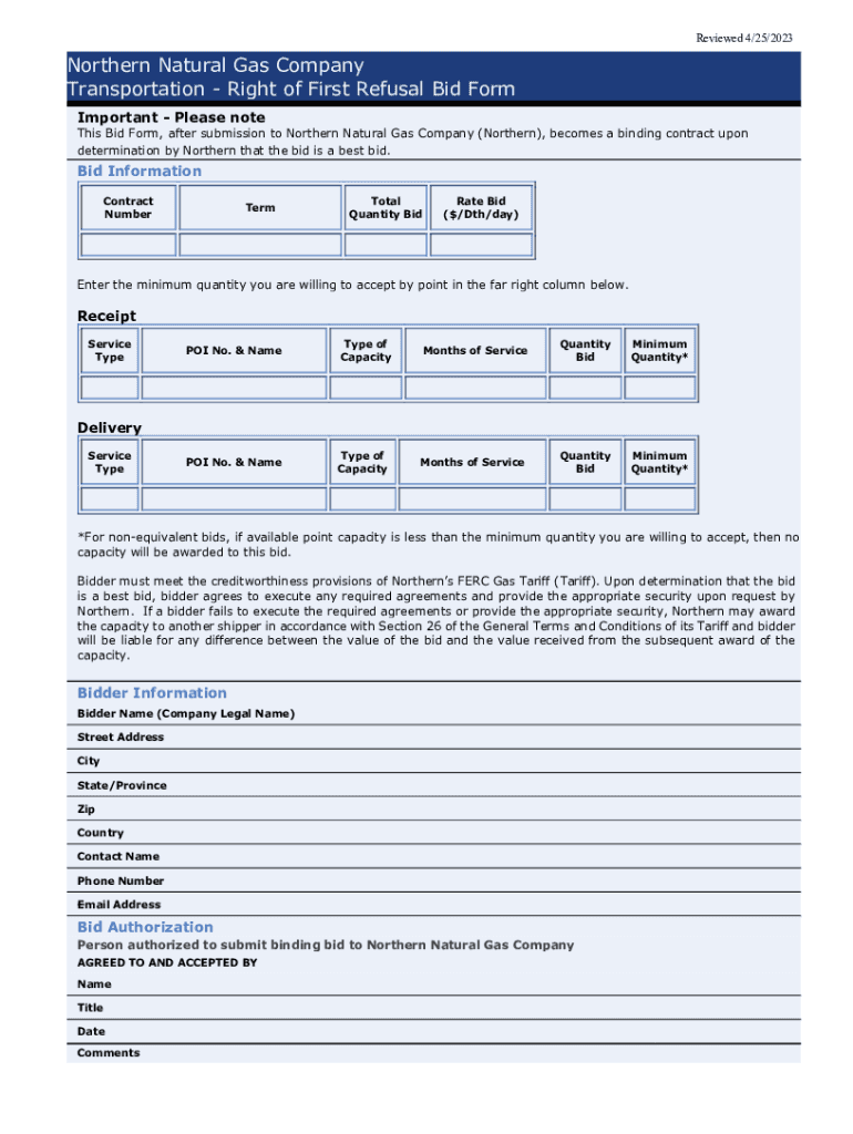 Fillable Online Transportation - Right of First Refusal Bid Form Fax ...