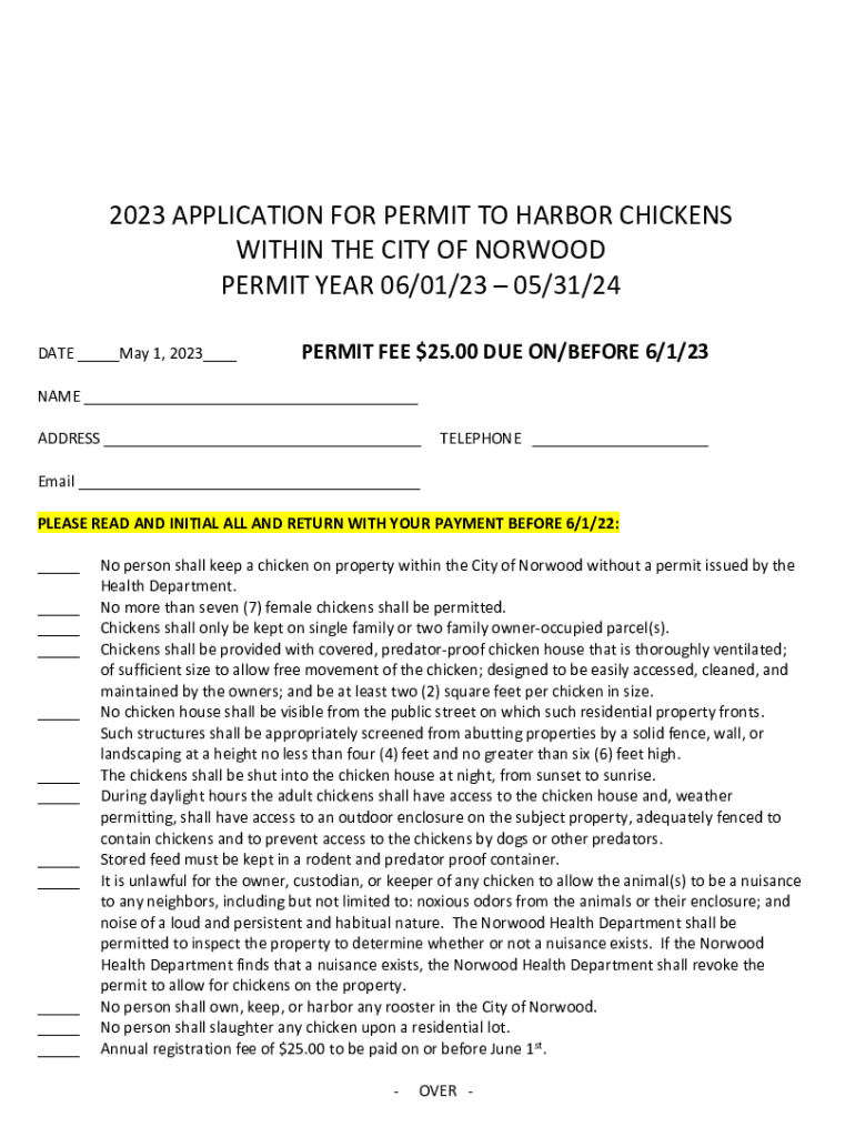 Fillable Online 2023 application for permit to harbor chickens within ...
