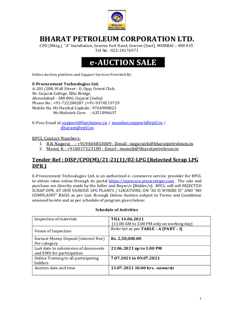 Fillable Online BPCL Tender - Sale Of Rejected Scrap Dpr, - Maharashtra Fax Email Print - pdfFiller
