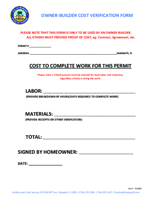 Fillable Online OWNER-BUILDER COST VERIFICATION FORM - Margate, FL Fax ...