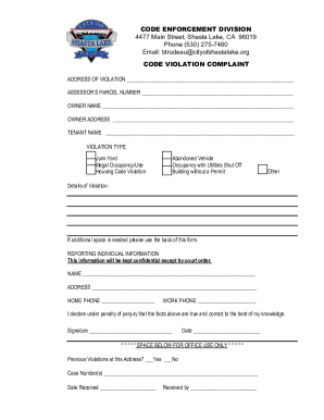 Fillable Online CODE VIOLATION COMPLAINT CODE ENFORCEMENT DIVISION ...