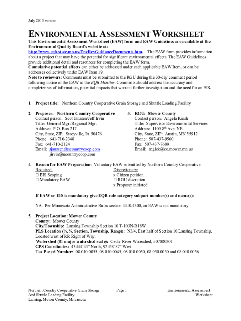 Fillable Online Revised Environmental Assessment Worksheet (EAW ...