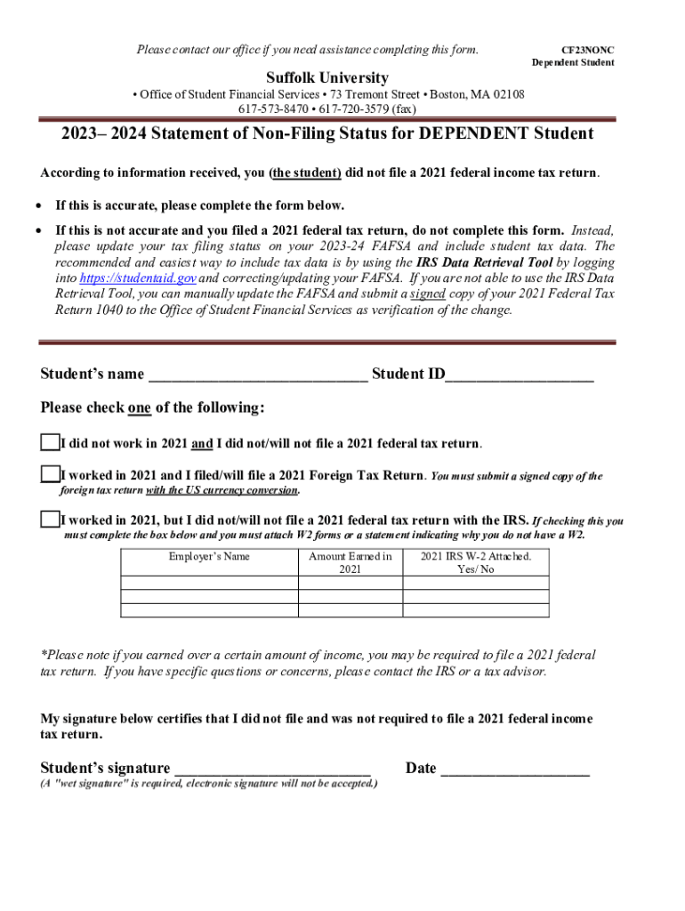 Fillable Online 2023 2024 Statement of Non-Filing Status for DEPENDENT ...
