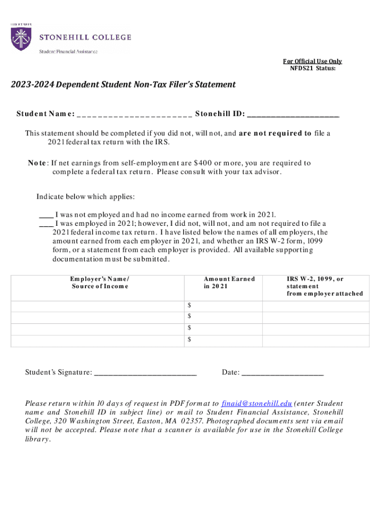Fillable Online 2023-2024 Dependent Student Non-Tax Filer's Statement ...