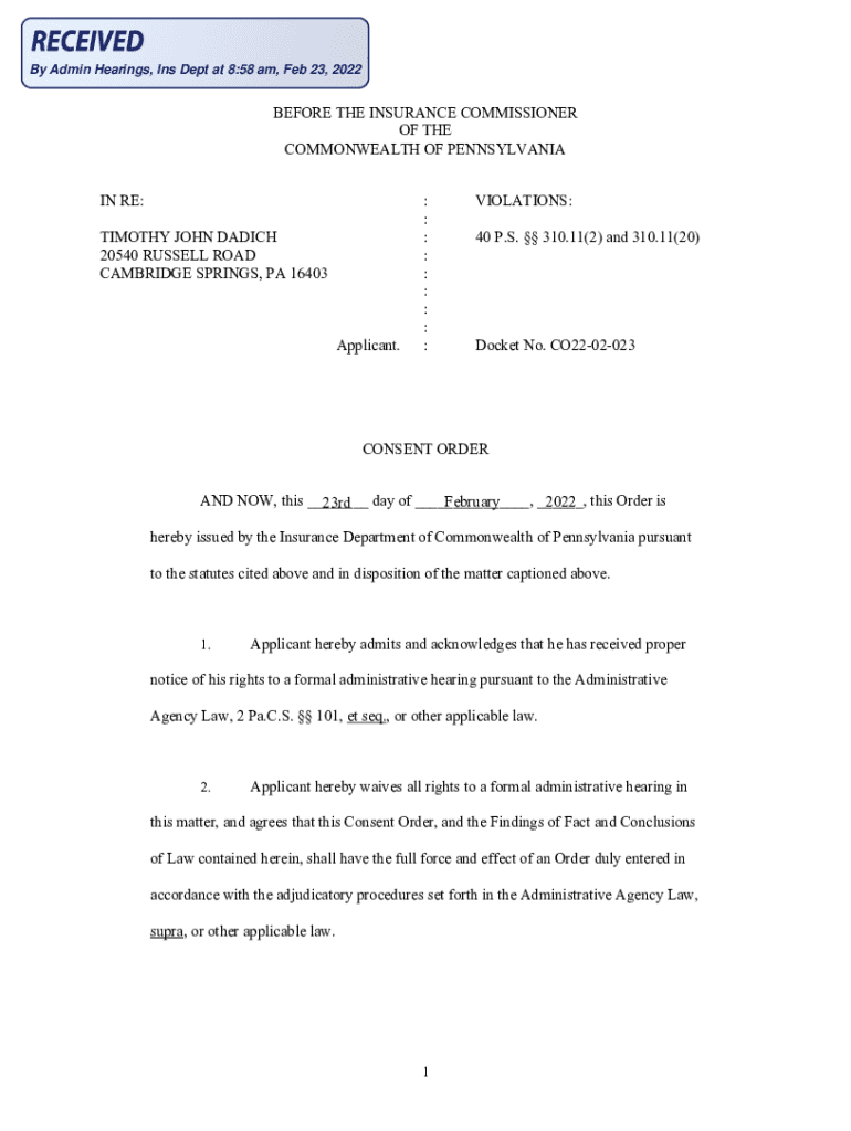 Fillable Online VIOLATIONS: : TIMOTHY JOHN DADICH : 40 P.S. Fax Email Print - pdfFiller