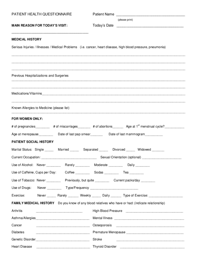 Fillable Online PATIENT HEALTH QUESTIONNAIRE Patient Name Today's Date Fax Email Print - pdfFiller