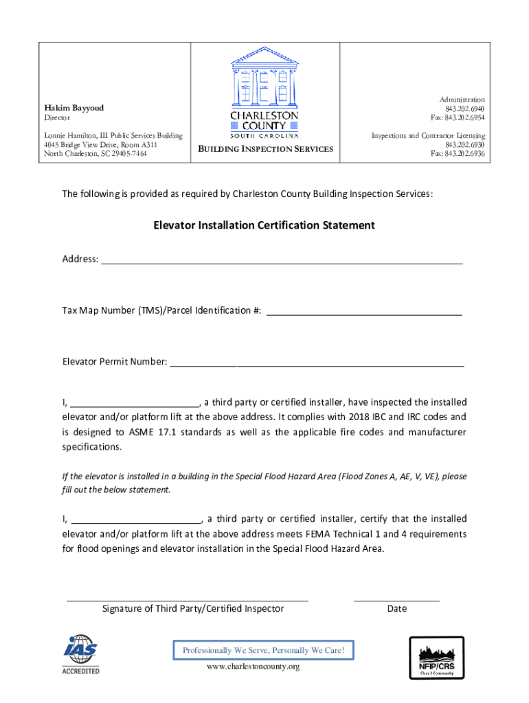 Fillable Online Elevator Installation Certification Statement Fax Email ...