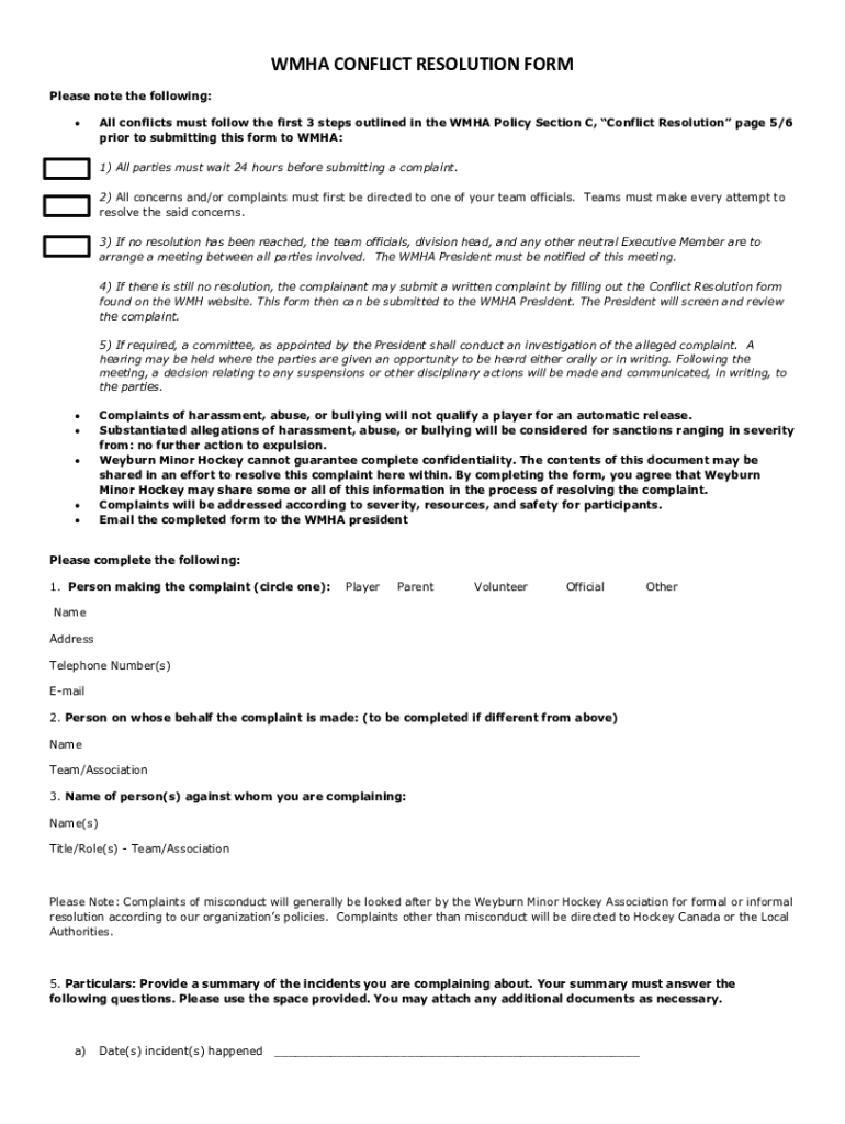 Fillable Online WMHA CONFLICT RESOLUTION FORM Fax Email Print - pdfFiller