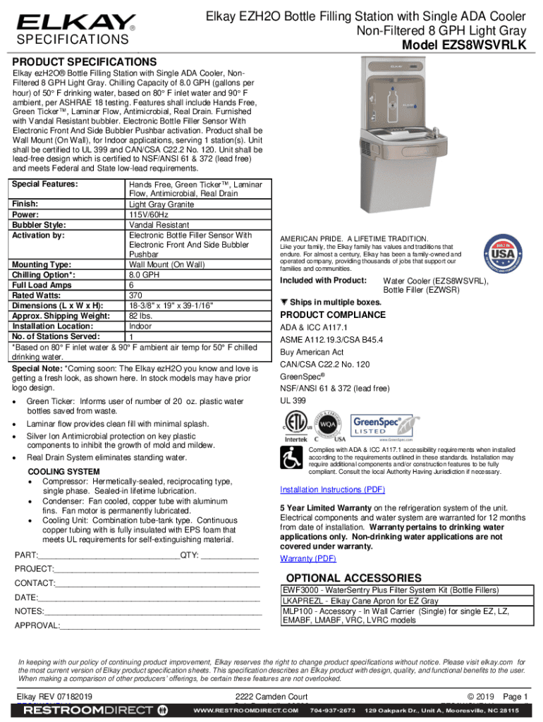 Fillable Online Elkay EZH2O Bottle Filling Station with Single ADA Cooler, ... Fax Email Print ...