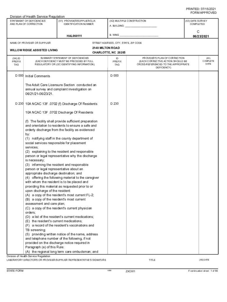 Fillable Online Division of Health Service Regulation 06/23/2021 C D 000 Initial ... Fax Email ...
