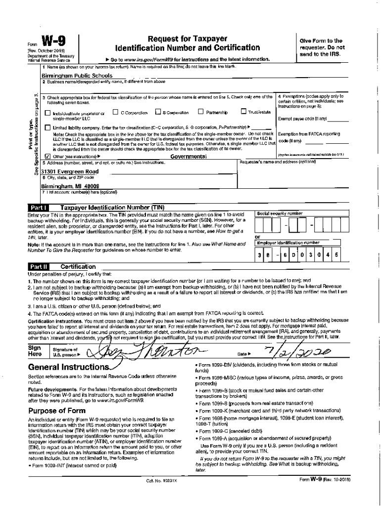 Fillable Online W-9 request for taxpayer identification 2020 Fax Email ...