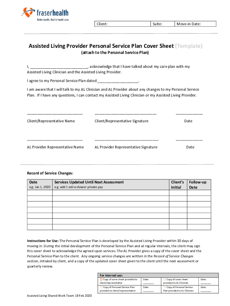 Fillable Online Assisted Living Provider Personal Service Plan Cover ...