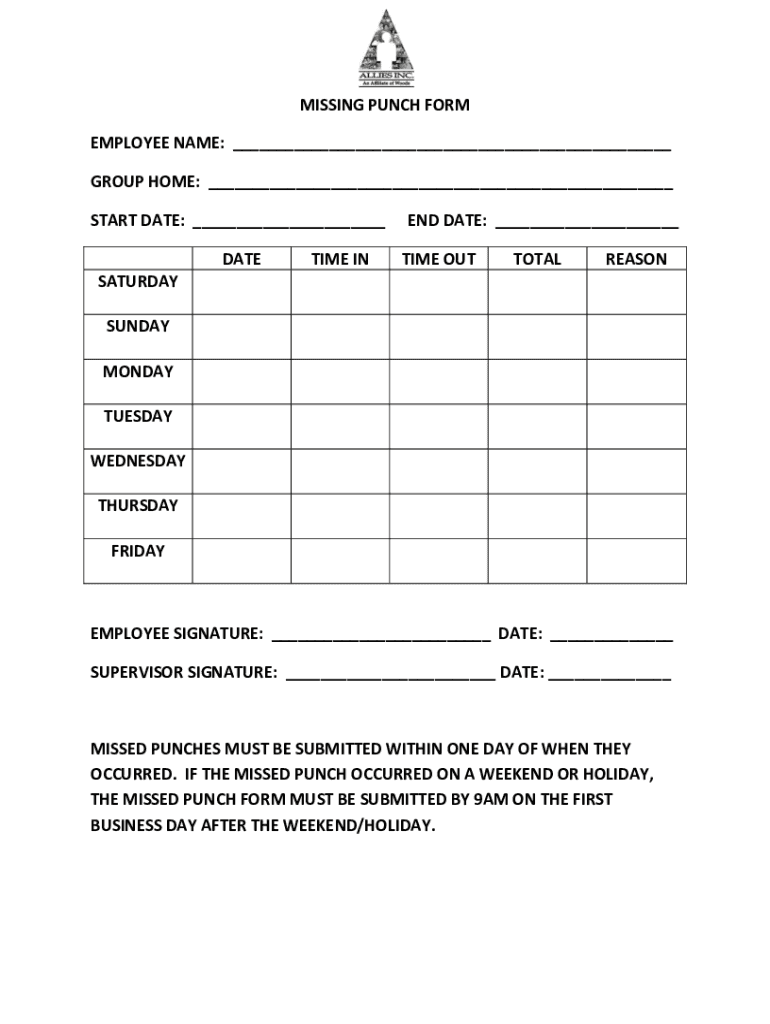 Fillable Online portal alliesnj MISSING PUNCH FORM EMPLOYEE NAME: GROUP ...