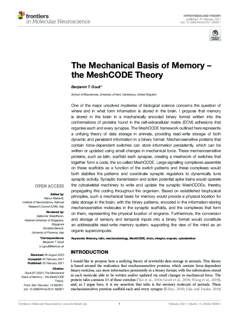 Fillable Online The Mechanical Basis of Memorythe MeshCODE Theory. One ... Fillable Online The Mechanical Basis of Memorythe MeshCODE Theory. One ...