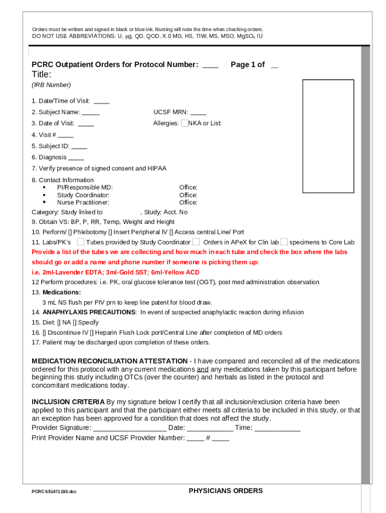 PCRC Outpatient Orders for Protocol Number: Page 2 of Doc Template | pdfFiller