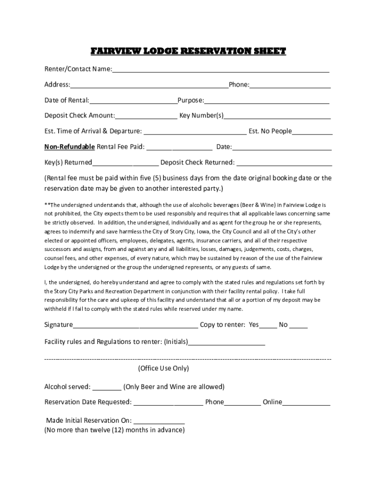 Fillable Online FAIRVIEW LODGE RESERVATION SHEET Fax Email Print ...