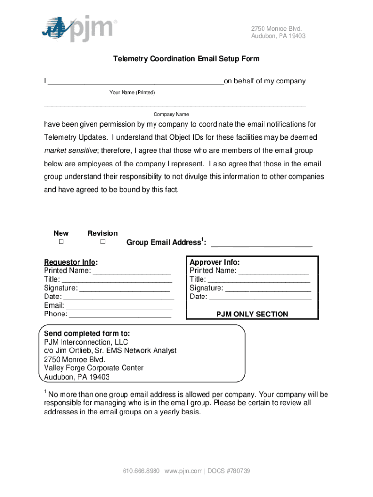 Fillable Online Telemetry Coordination Email Setup Form I behalf of my ...