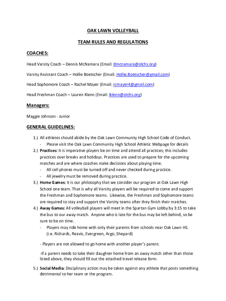Fillable Online oak lawn volleyball team rules and regulations coaches ...
