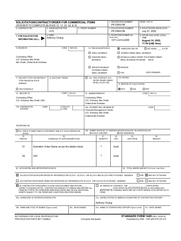 Fillable Online SF 1449 Solicitation.Contract.Order for Commercial ...