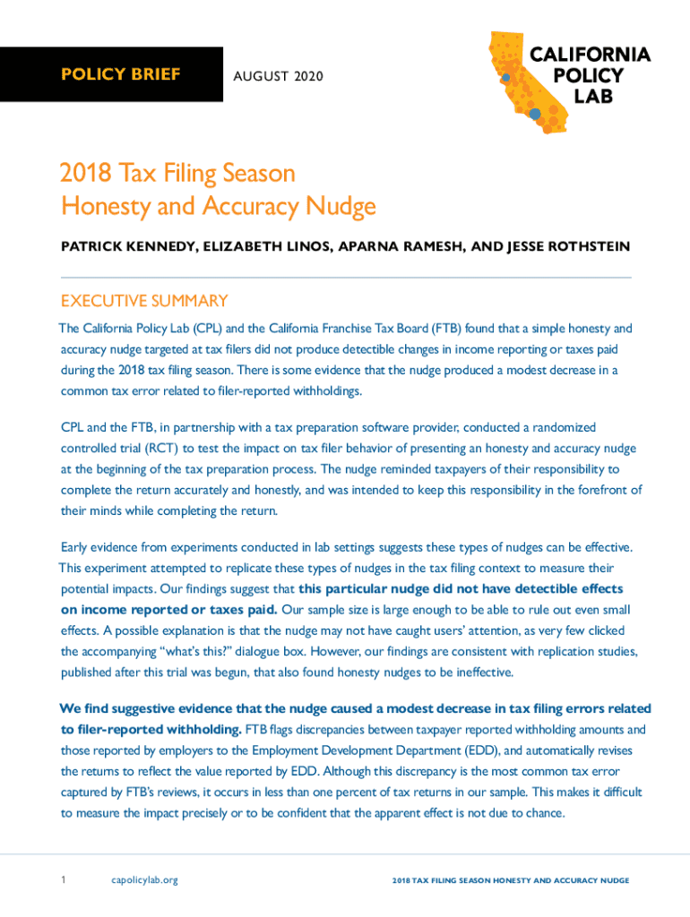 Fillable Online 2018 Tax Filing Season Honesty and Accuracy Nudge Fax ...