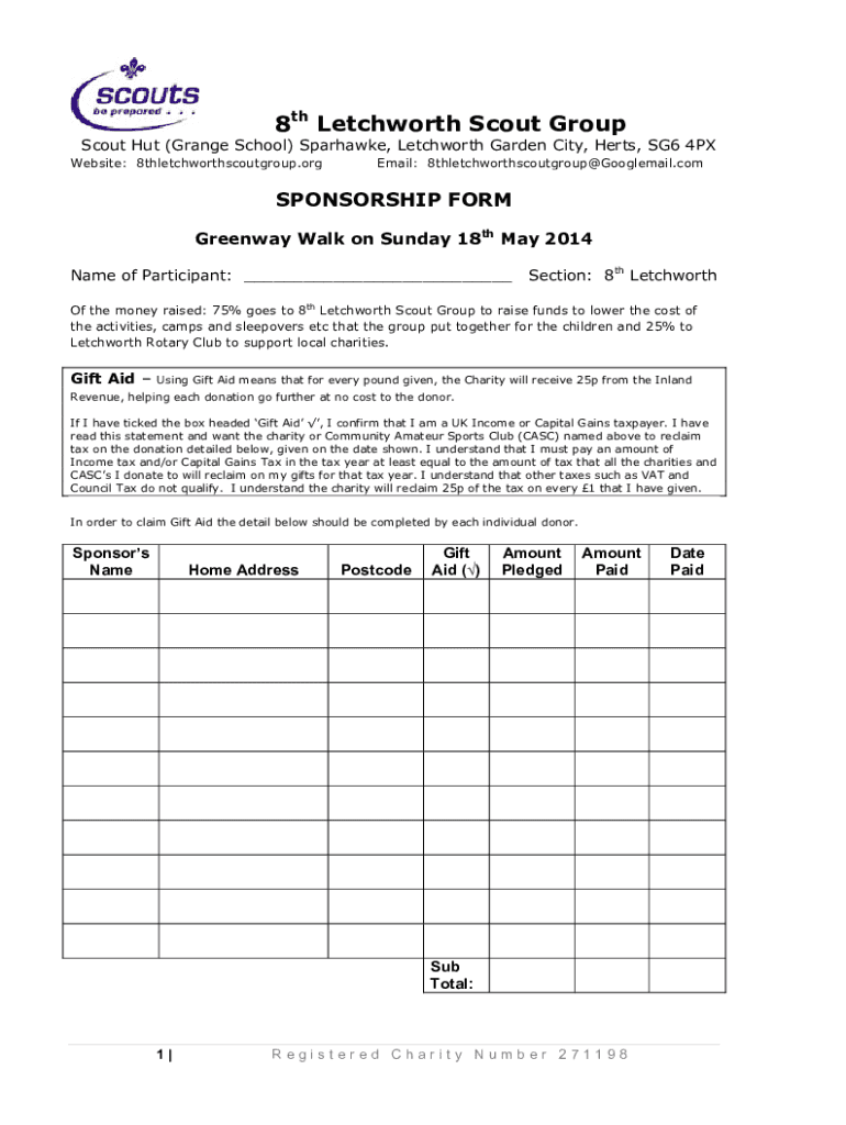 Fillable Online 8th Letchworth Scout GroupGWW Sponsorship Form2014 Fax ...
