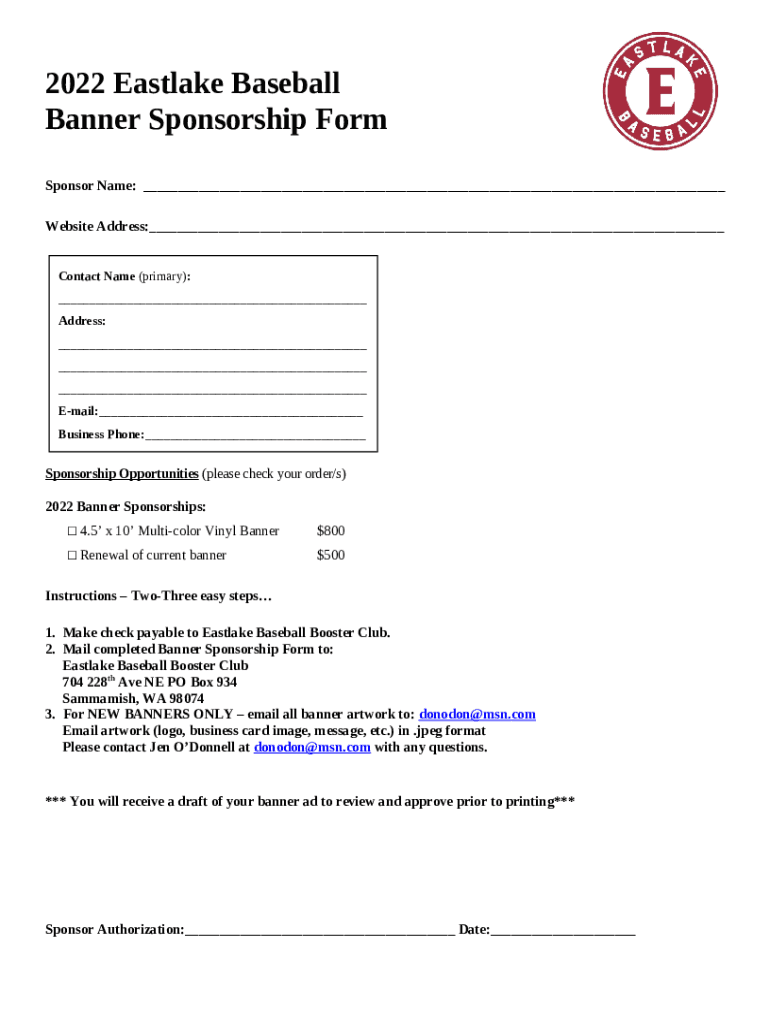 2022 Eastlake Baseball Banner Sponsorship Doc Template | pdfFiller