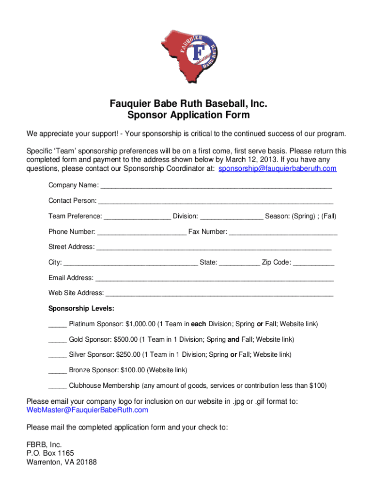 Fillable Online Fauquier Babe Ruth Baseball, Inc. Sponsor Application Form Fax Email Print ...