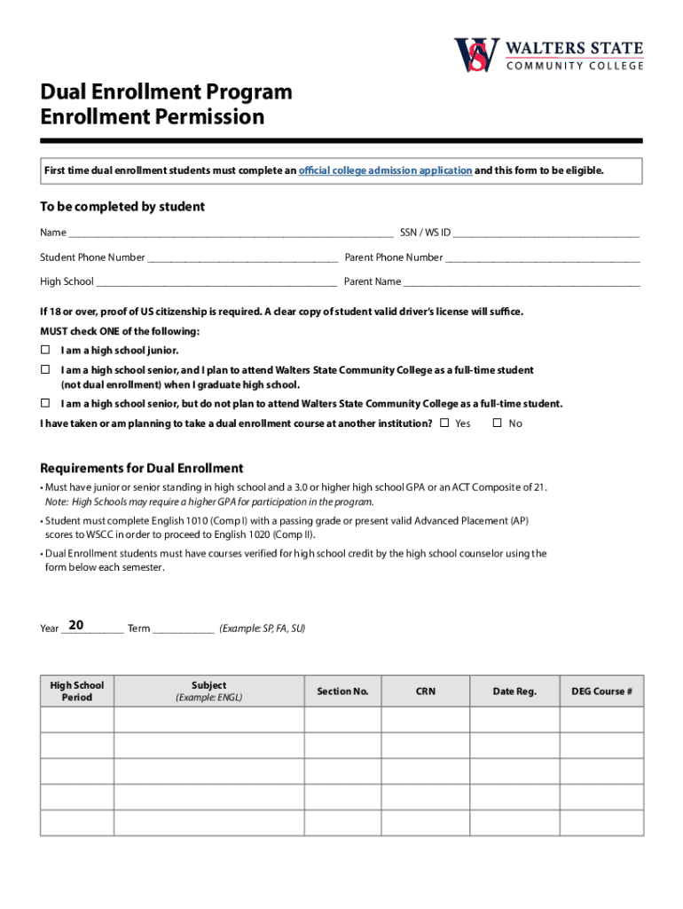 Fillable Online Dual Enrollment Program Permission Form - New Student Fax Email Print - pdfFiller
