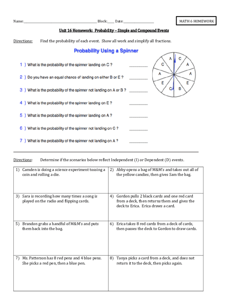 Fillable Online Unit 16 Homework: Probability Simple and Compound ...