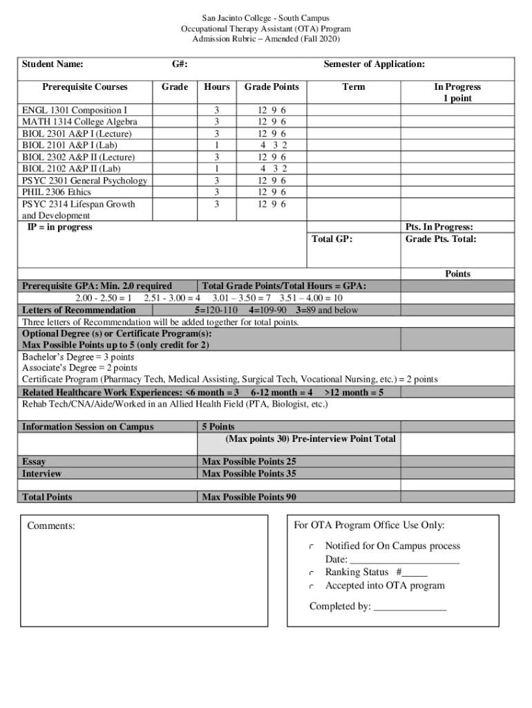 Fillable Online For OTA Program Office Use Only: Notified for On Campus ...