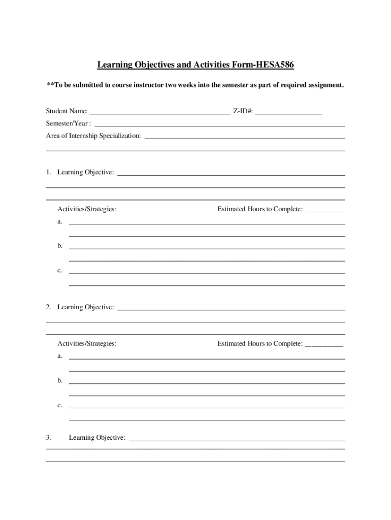 Fillable Online Learning Objectives and Activities Form-HESA586 Fax ...