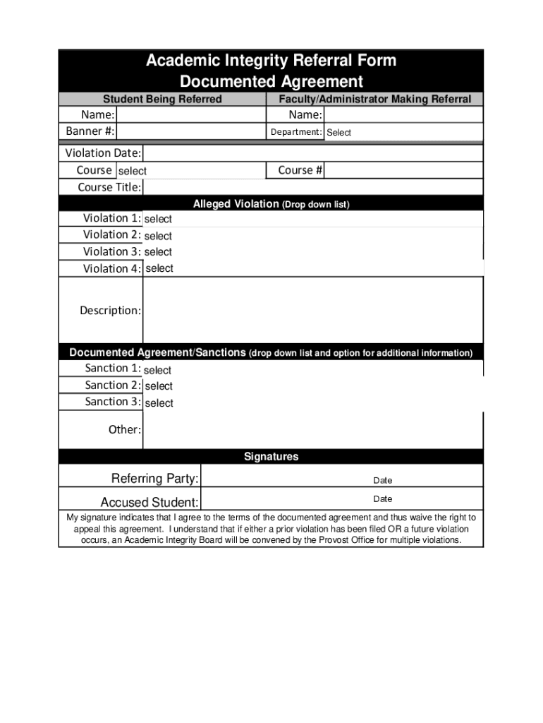 Fillable Online Academic Integrity Referral Form Documented Agreement ...