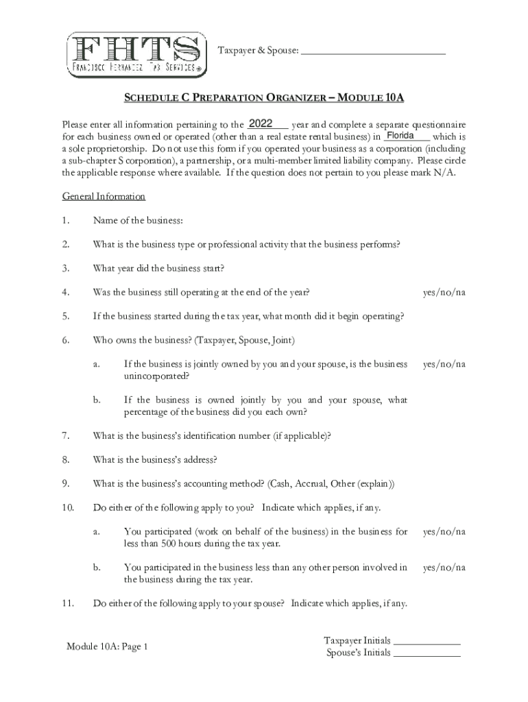 Fillable Online SCHEDULE C PREPARATION ORGANIZER MODULE 10A Fax Email ...