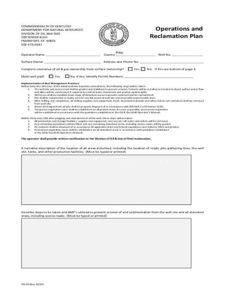 Fillable Online eec ky OG-10 Operations and Reclamation Plan Rev 06-19 ...