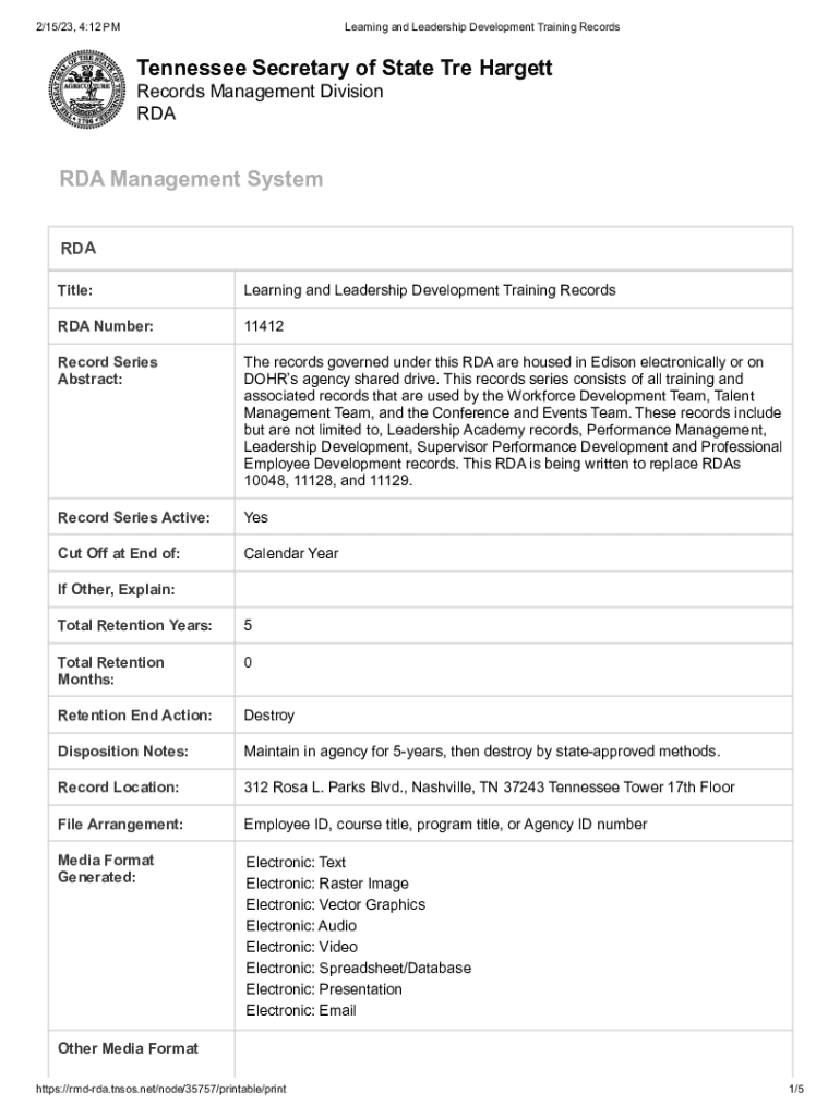Fillable Online Tennessee Secretary of State Tre Hargett RDA Management ...