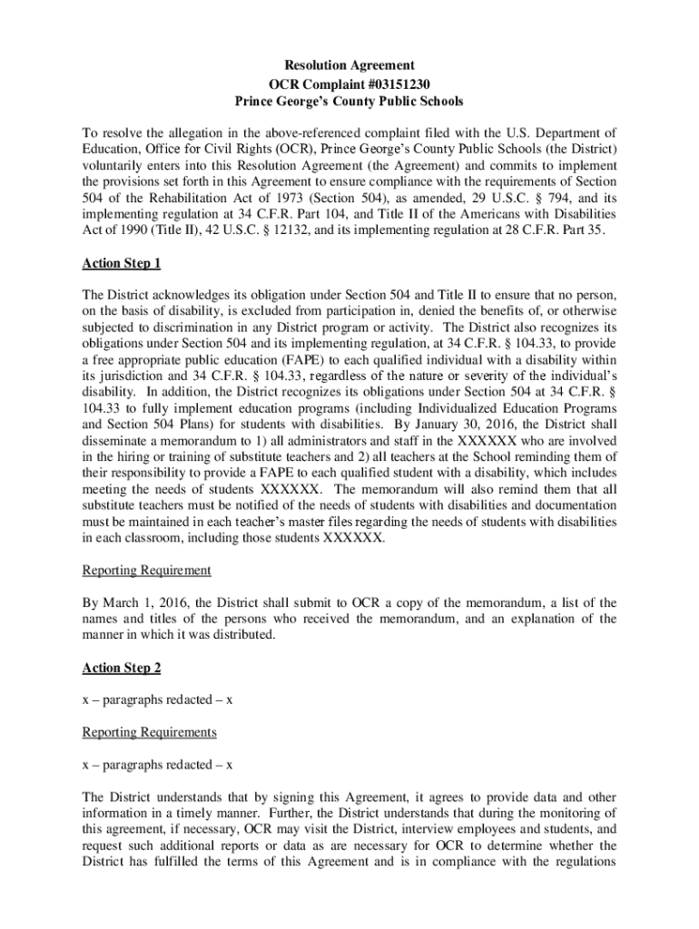 Fillable Online 2 Ed Resolution Agreement Ocr Reference No 01 17