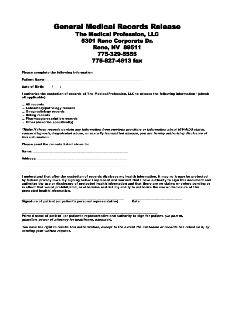 Fillable Online Record Release To Another Doctor - Reno Fax Email Print - pdfFiller
