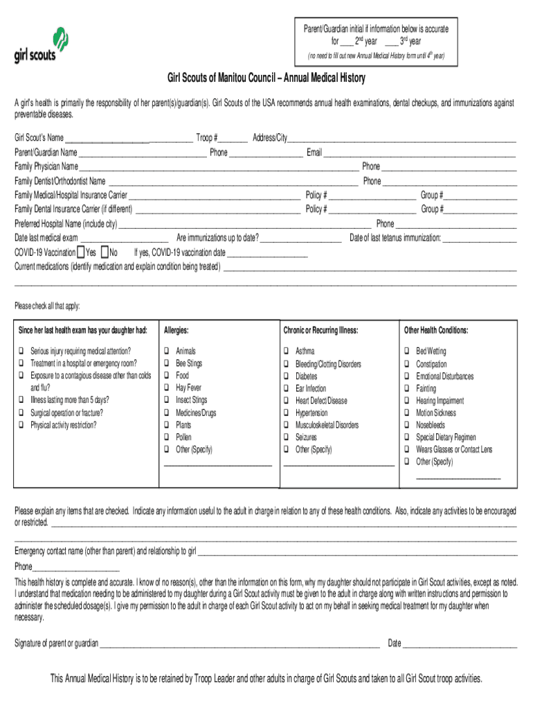 Fillable Online Girl and Adult Health History Form and Medical Release ...