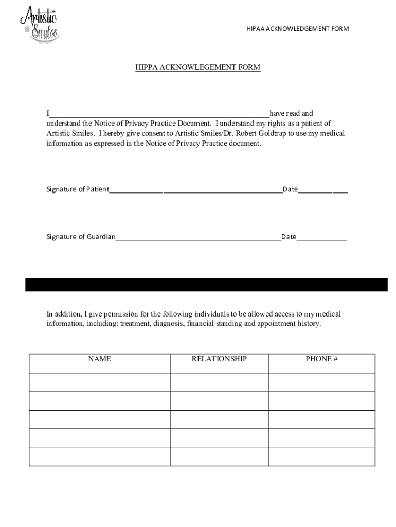 Fillable Online hipaa acknowledgement form - Artistic Smiles Fax Email ...