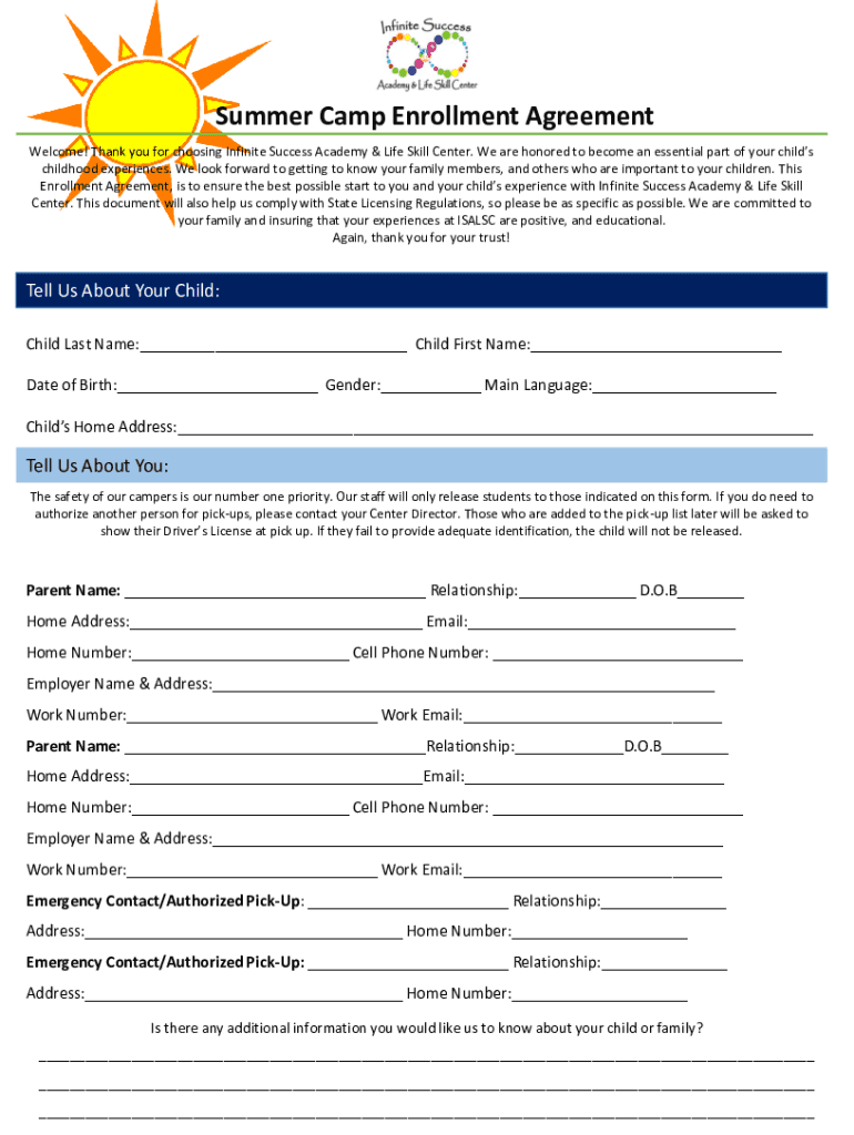 Fillable Online Summer Camp Enrollment Agreement Fax Email Print ...