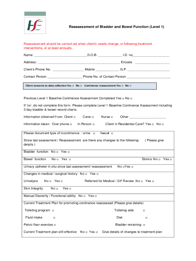 Fillable Online Reassessment of Bladder and Bowel Function (Level 1 ...