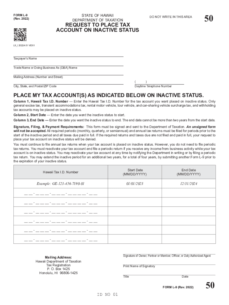 Fillable Online Form L-9, Rev. 2022, Request to Place Tax Account on ...