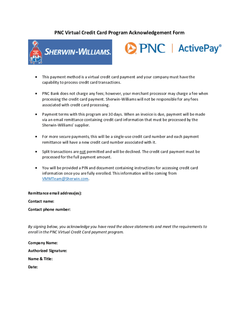 Fillable Online PNC Virtual Credit Card Program Acknowledgement Form ...