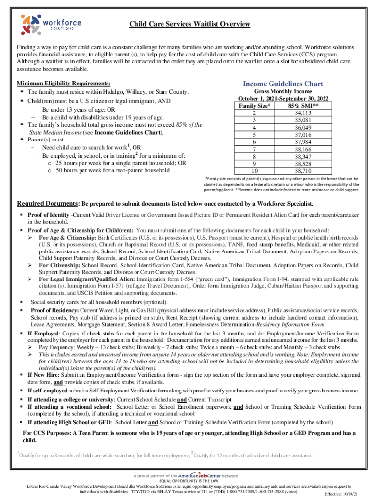 Fillable Online Child Care Services Waitlist Overview Income Guidelines ... Fax Email Print ...