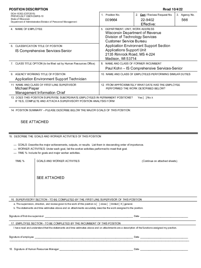 Fillable Online POSITION DESCRIPTION Rvsd 10/4/22 Fax Email Print - pdfFiller