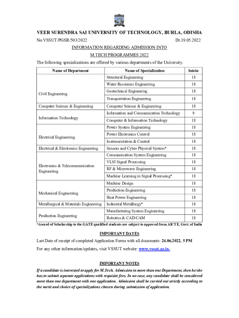 Fillable Online VSSUT Admission 2023: Courses, Application Form ...