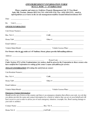 Fillable Online OWNER/RESIDENT INFORMATION FORM - King West Village Fax ...